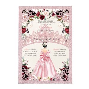 dreambuilt 50pcs pink crown quinceanera invitation burgundy for 15 year, sweet 16, miss xv, birthday laser cut quince invitation cards personalized glitter pink