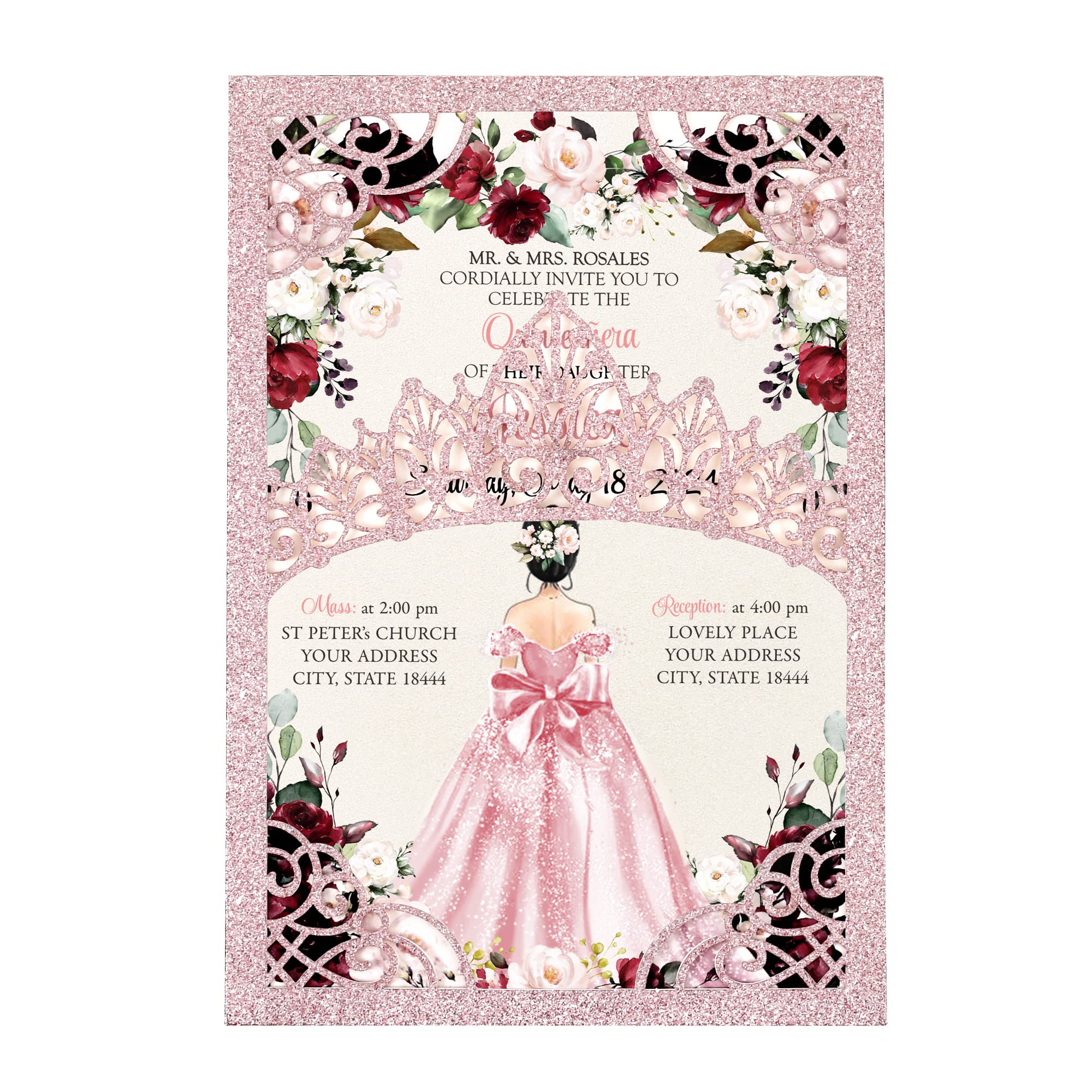 DreamBuilt 50Pcs Pink Crown Quinceanera Invitation Burgundy for 15 year, Sweet 16, Miss XV, Birthday Laser Cut Quince Invitation Cards Personalized Glitter Pink