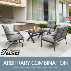 Festival Depot 3Pcs Patio Bistro Set of 2 Armchairs with Thick Cushions and Side Table with Ceramic-Like Top Metal Frame Outdoor Furniture for Deck Garden (Grey)