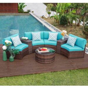 OC Orange-Casual Outdoor Furniture Brown Rattan Set Half-Moon Patio All-Weather Wicker Sofa with Coffee Table, Turquoise Cushion 7-Piece (Pillows & Waterproof Cover Included)