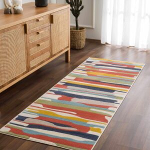 Hauteloom Southfields Modern Farmhouse Contemporary Door Mat Multicolor Small Area Rug - Colorful Rainbow Striped Modern Rug Carpet - Red, Yellow, Blue, Green - 2' x 3'