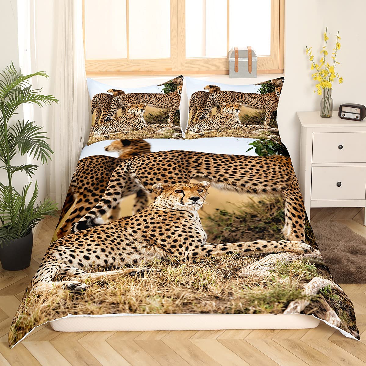 Safari Wildlife Duvet Cover Set Queen,Cheetah California King Animal Comforter Cover,Field Wild Wood Teen Boys Decorative 3 Piece Bedding Set with 2 Pillow Shams,Tan Black Lightweight Microfiber