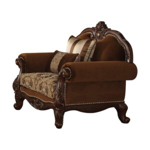 acme furniture jardena sofa, brown and floral fabric, cherry oak wood trim