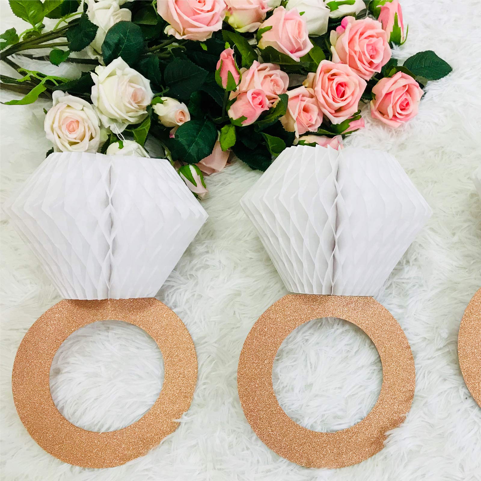 Engagement Party Decorations, Bridal Shower Supplies, Honeycomb Ring Hanging Decorations, Rose Gold Glitter Diamond Rings (3pcs), Engaged Diamond Rings Decorations for Engagement