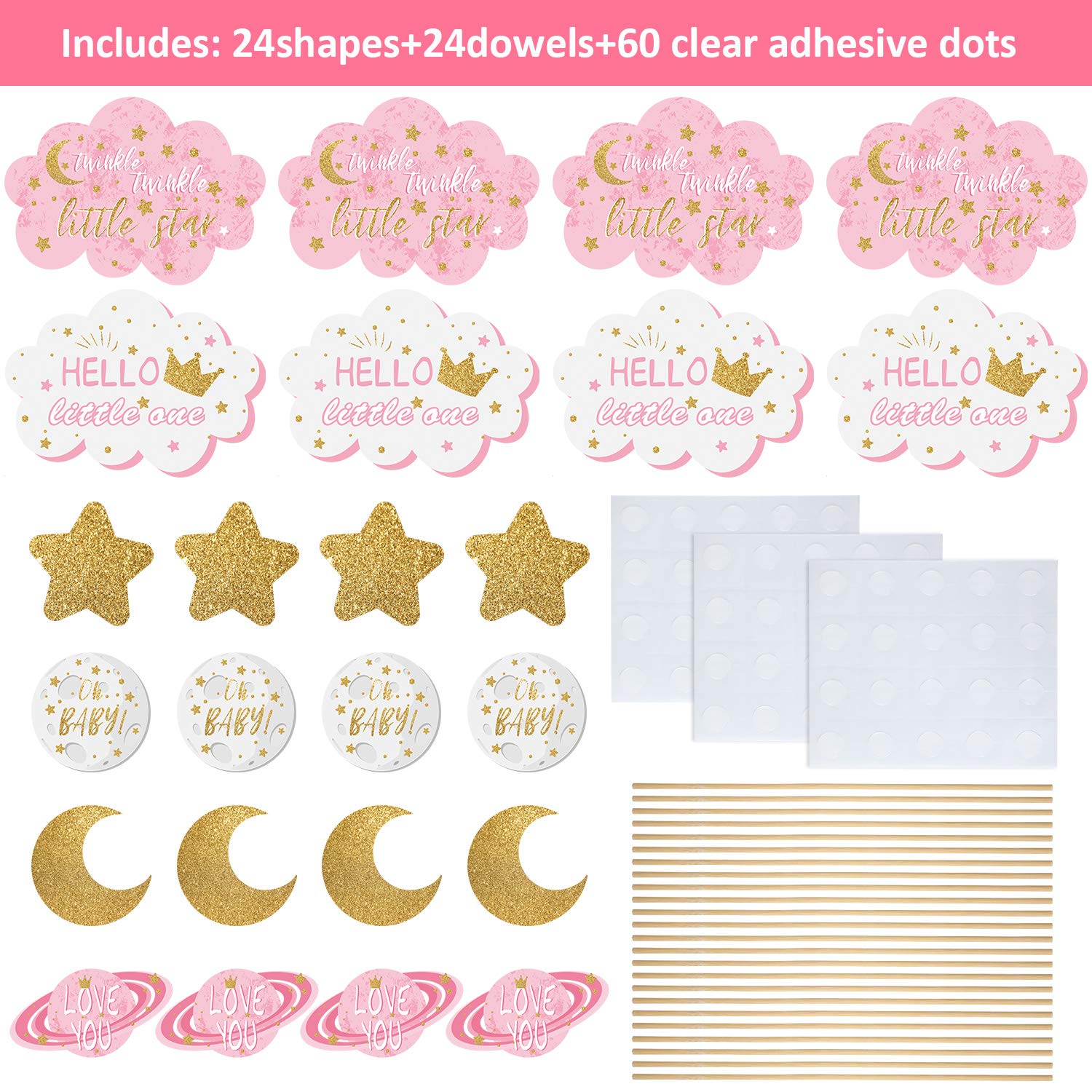 24 Pcs Twinkle Little Star Centerpiece Sticks for Girl Baby Shower Star Party Table Toppers Birthday Party Decoration Moon Decoration Glitter Star Centerpieces Birthday Party Supplies