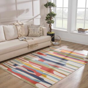 hauteloom southfields modern farmhouse contemporary door mat multicolor small area rug - colorful rainbow striped modern rug carpet - red, yellow, blue, green - 2' x 3'