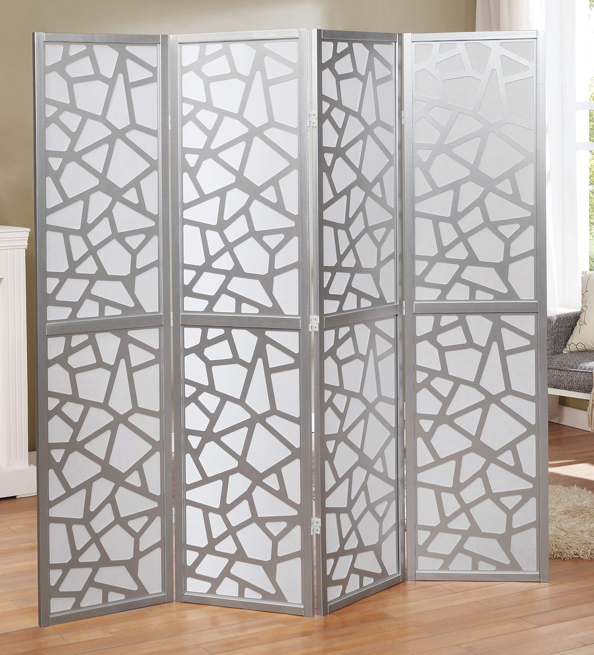 Roundhill Furniture Giyano 4 Panel Screen Room Divider, Sliver