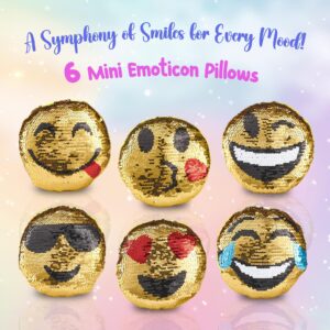 Flip Sequin Round Emoticon Mini Pillows, 5" - 5.5", Set of 6 Emotic Expressions Designs, Reversible Mermaid Sequins, Plus Emoticon Pencil and Emoticon Memo Notebook, Great Gift!