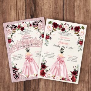 DreamBuilt 50Pcs Pink Crown Quinceanera Invitation Burgundy for 15 year, Sweet 16, Miss XV, Birthday Laser Cut Quince Invitation Cards Personalized Glitter Pink