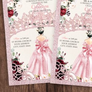 DreamBuilt 50Pcs Pink Crown Quinceanera Invitation Burgundy for 15 year, Sweet 16, Miss XV, Birthday Laser Cut Quince Invitation Cards Personalized Glitter Pink