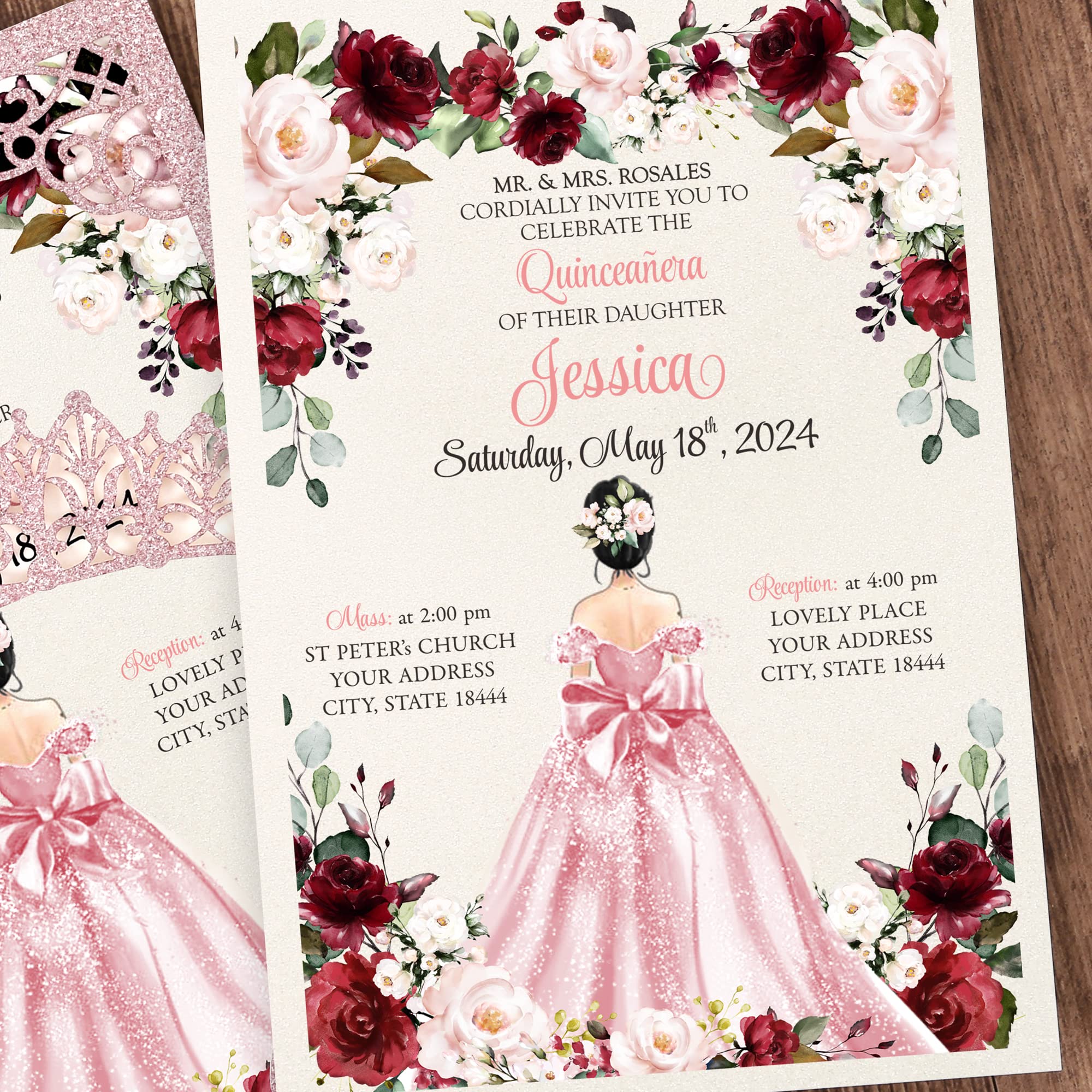 DreamBuilt 50Pcs Pink Crown Quinceanera Invitation Burgundy for 15 year, Sweet 16, Miss XV, Birthday Laser Cut Quince Invitation Cards Personalized Glitter Pink