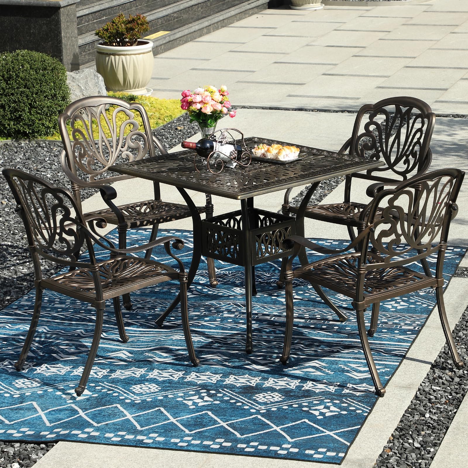 TITIMO 5-Piece Outdoor Patio Dining Set,All-Weather Cast Aluminum Furniture Conversation Set Includes 4 Chairs and 1 Square Table with Umbrella Hole for Patio Garden Deck, Blooming Flower Design