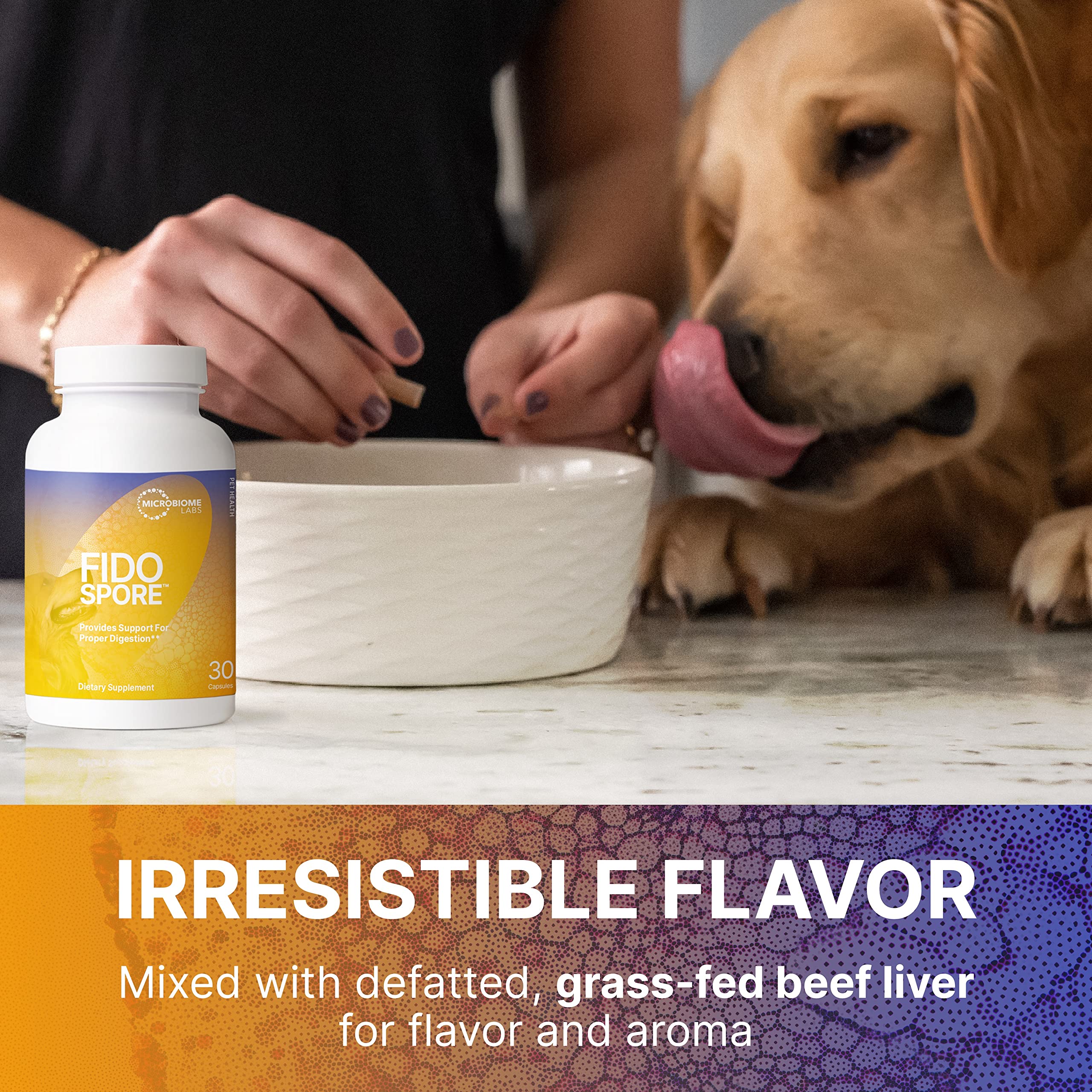 Microbiome Labs Fidospore - Dog Probiotics for Digestive Health & Immune Support - Spore-Forming Pet Probiotics for Dogs & Cats Gut Health - Flavored with Grass Fed Beef Liver (30 Capsules)