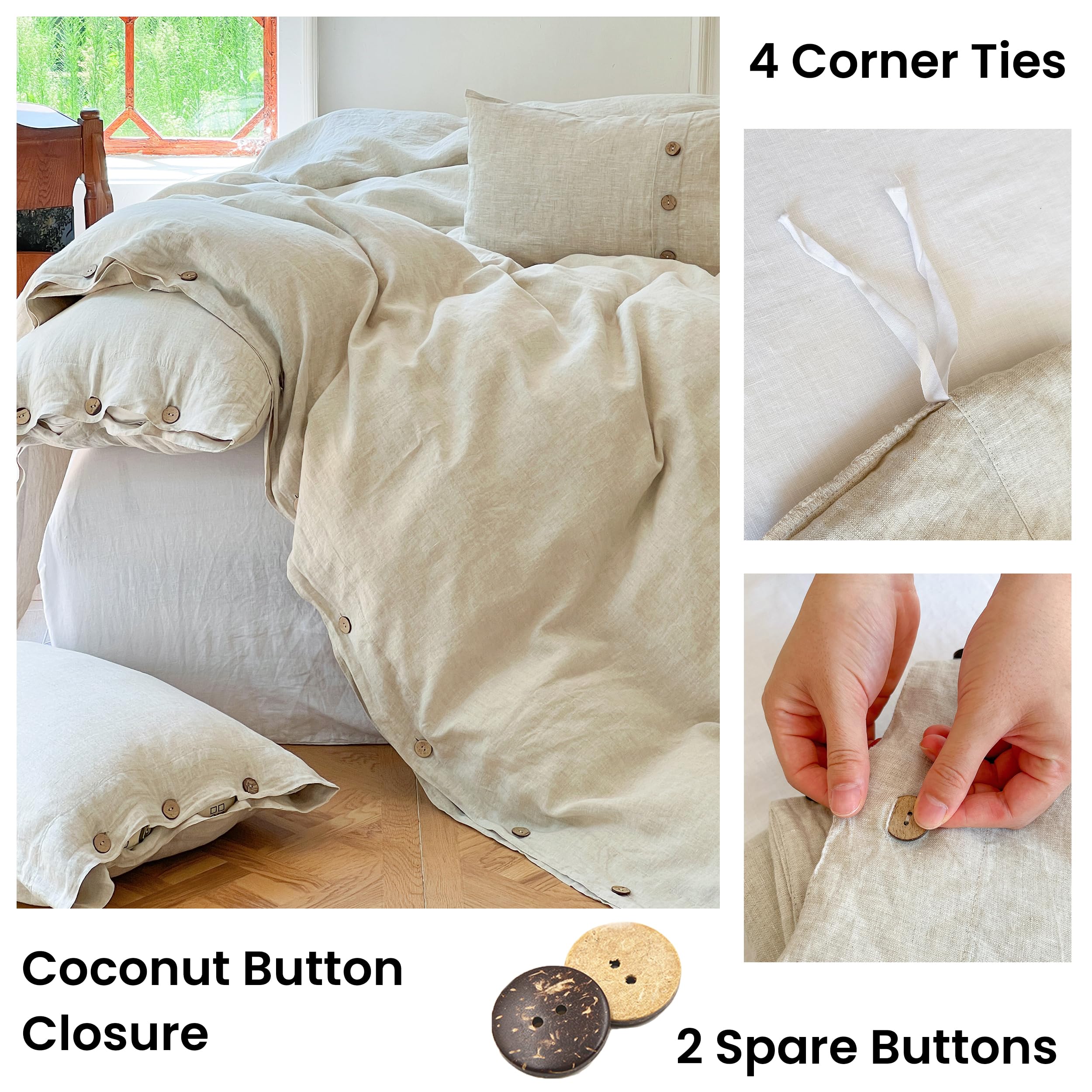 Simple&Opulence 100% Linen Duvet Cover Set 3pcs with Coconut Button Closure Natural French Washed Flax Solid Color Soft Breathable Farmhouse Bedding - Linen, King Size