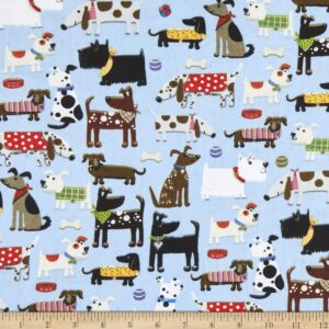 comfy flannel print assorted dogs blue, fabric by the yard