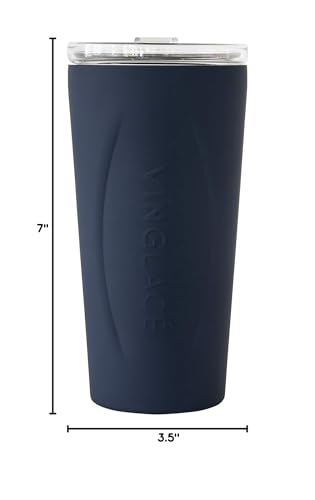 Vinglacé Stainless Steel Drink Tumbler- Insulated Hot and Cold Beverage Cup with Glass Insert and Lid, 14 oz, Navy