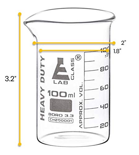 EISCO Heavy Duty Beaker, 100ml - 5mm Thick, Uniform Walls - Superior Durability & Chemical Resistance - White Graduations - Borosilicate 3.3 Glass