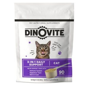 dinovite for cats supplement - immune + digestive, skin + coat support, vitamins, minerals, omega 3, enzymes, probiotics. reduces shedding, dry skin, itching, stinking, bald spots, seasonal issues