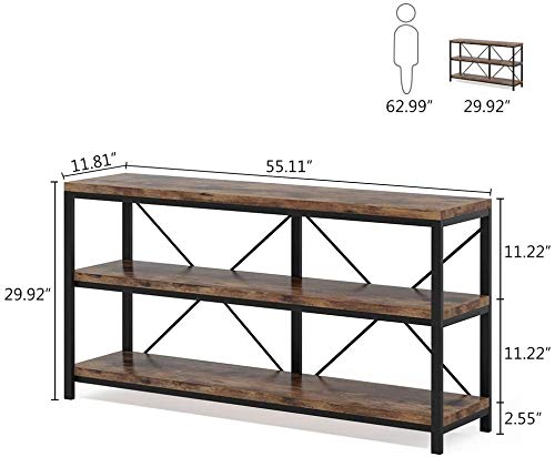 Tribesigns 55 Inches Long Sofa Table with Storage Shelves, 3 Tiers Industrial Rustic Console Table with Open Shelves, Three Decorative Shelf, Open TV Shelf for Living Room, Hallway, Book