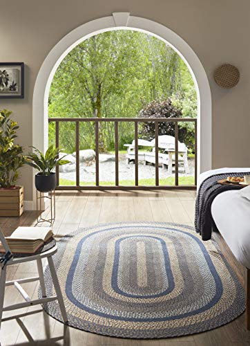 IHF Home Decor | Denim Premium Braided Collection | Primitive, Rustic, Country, Farmhouse Style | Jute/Cotton | 30 Days Risk Free | Accent Rug/Door Mat | Blue, Beige | 27"x48" Oval