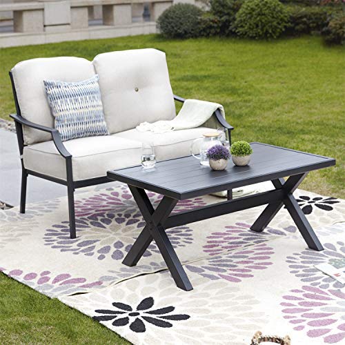 PatioFestival Patio Loveseats Outdoor Bench Sofa Conversation Set Metal Frame Bistro Furniture with Thick Cushion and Coffee Table for Lawn Front Porch Poolside Yard Garden