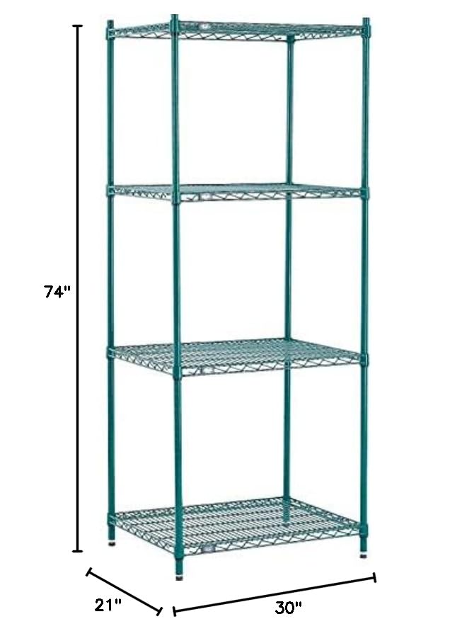 Nexel 21" x 30" x 74", 4 Tier Adjustable Wire Shelving Unit, NEXGuard Anti-Microbial Agent, NSF Listed Commercial Storage Rack, Poly-Green, Leveling feet