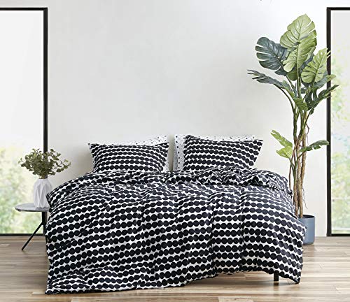 MARIMEKKO - Queen Duvet Cover Set, Cotton Bedding with Matching Shams & Button Closure, All Season Home Decor (Rasymatto Black, Queen)