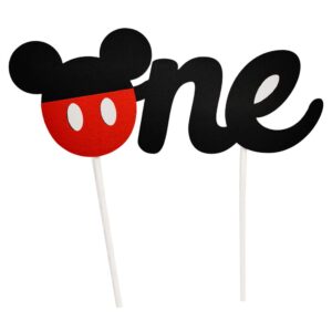 chuangqi 1st birthday cake topper, happy birthday cake banner, baby shower mickey inspired o-n-e cake topper for boy & girl, 3.2in x 8.7in