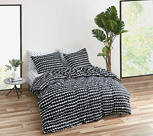 MARIMEKKO - Queen Duvet Cover Set, Cotton Bedding with Matching Shams & Button Closure, All Season Home Decor (Rasymatto Black, Queen)