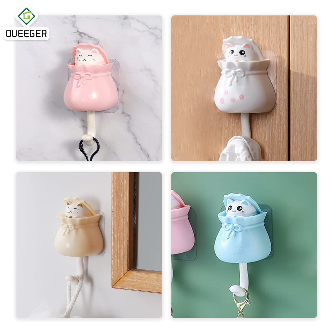 Cute Wall Hooks, 4 Pcs Adhesive Cat Key Holder for Room Decor, Cat Coat Hooks Heavy Duty Wall Mounted for Towel Backpack Hat Scarf Hanging Decorations