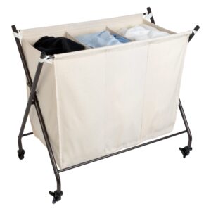 smart design premium 3 compartment rolling canvas laundry sorter hamper with wheels and handles - natural