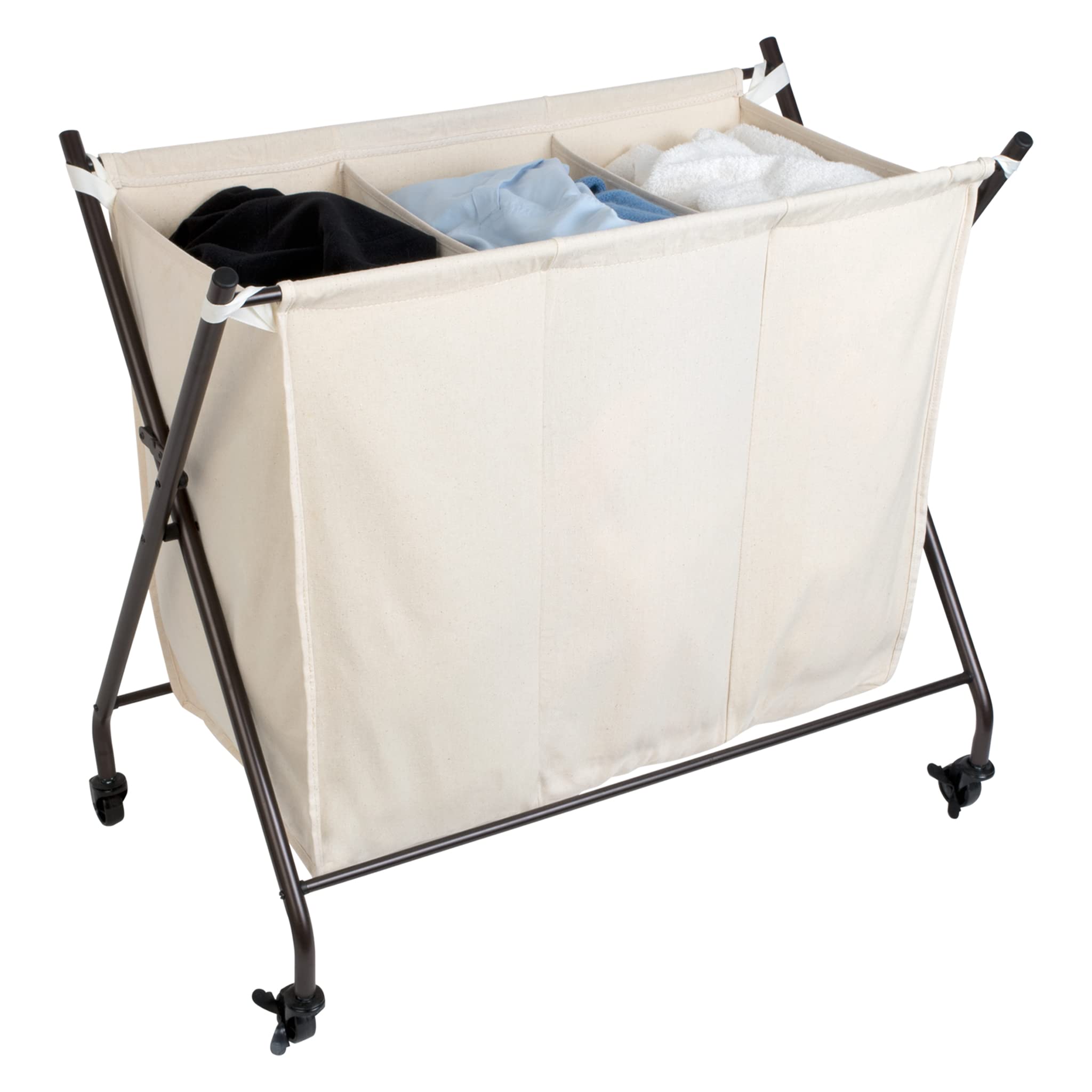 Smart Design Premium 3 Compartment Rolling Canvas Laundry Sorter Hamper with Wheels and Handles - Natural