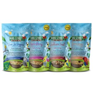 bird street bistro parrot food sample 4 pack - parakeet food - cockatiel food - bird food - cooks in 3-15 min w/natural & organic grains - healthy, non-gmo fruits, healthy orientated spices