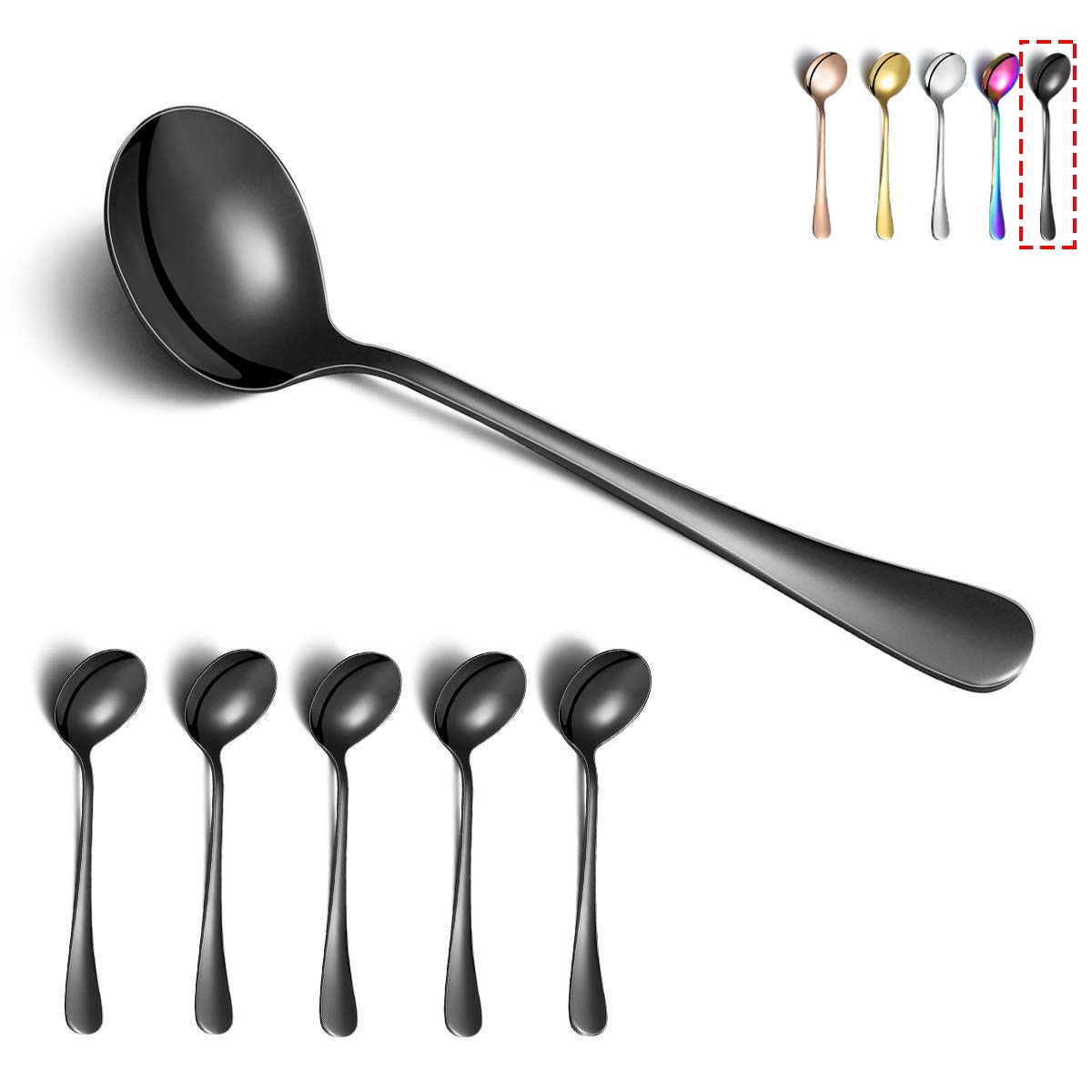 Black Soup Spoons, Kyraton 6 Pieces Stainless Steel Round Spoons With Black Titanium Plating, Black Dinner Spoon Table Spoon, Spoons Silverware Dishwasher Safe Set of 6