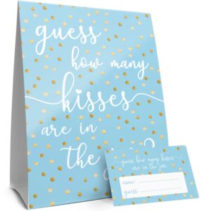 distinctivs how many kisses in the jar game - blue and gold - bridal shower or wedding (sign with cards)