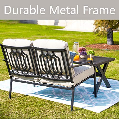 PatioFestival Patio Loveseats Outdoor Bench Sofa Conversation Set Metal Frame Bistro Furniture with Thick Cushion and Coffee Table for Lawn Front Porch Poolside Yard Garden