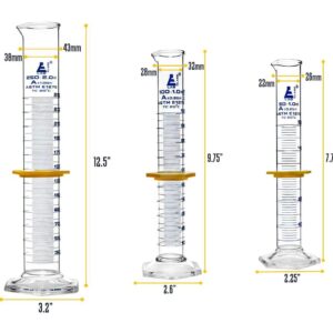 EISCO Premium Graduated Cylinder Set - 50mL, 100mL & 250mL - ASTM, Class A - Protective Collars, Hexagonal Base - Blue Graduations - Borosilicate 3.3 Glass