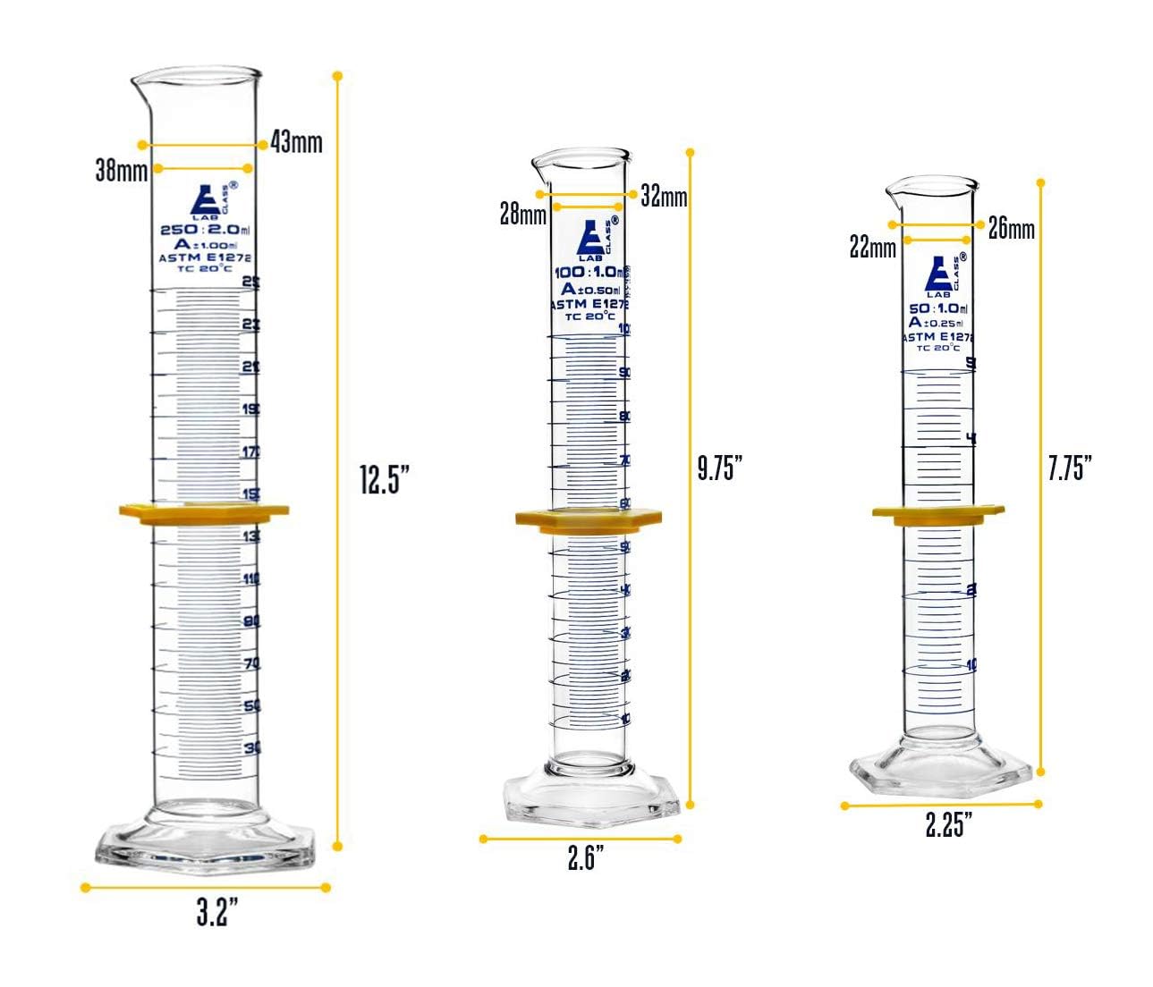 EISCO Premium Graduated Cylinder Set - 50mL, 100mL & 250mL - ASTM, Class A - Protective Collars, Hexagonal Base - Blue Graduations - Borosilicate 3.3 Glass