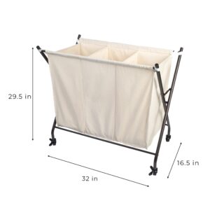 Smart Design Premium 3 Compartment Rolling Canvas Laundry Sorter Hamper with Wheels and Handles - Natural