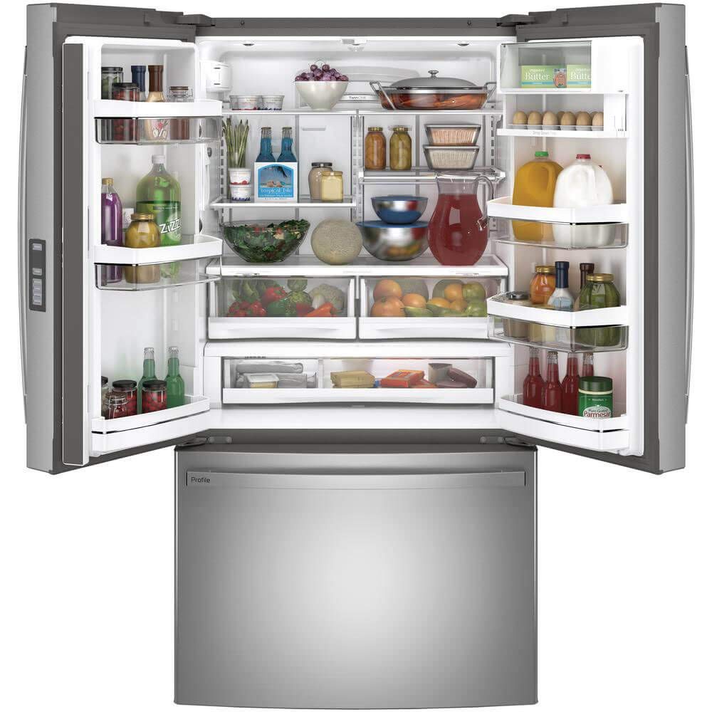 GE Profile PWE23KYNFS 36 Energy Star Counter Depth French Door Refrigerator with 23.1 cu. ft. Capacity Internal Water Dispenser TwinChill Evaporator and Showcase LED Lighting in Fingerprint Resistant Stainless Steel