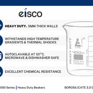 EISCO Heavy Duty Beaker, 100ml - 5mm Thick, Uniform Walls - Superior Durability & Chemical Resistance - White Graduations - Borosilicate 3.3 Glass