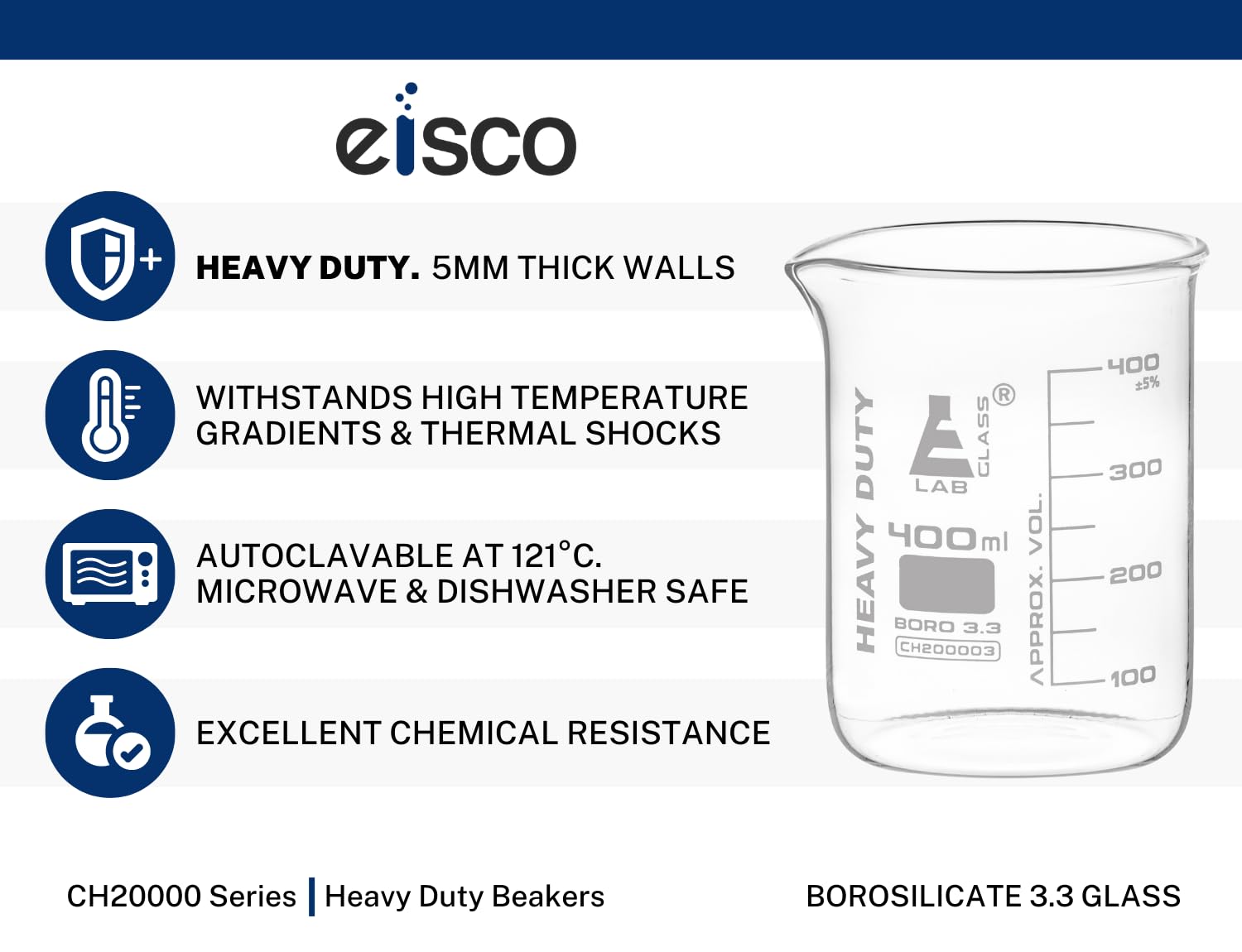 EISCO Heavy Duty Beaker, 100ml - 5mm Thick, Uniform Walls - Superior Durability & Chemical Resistance - White Graduations - Borosilicate 3.3 Glass