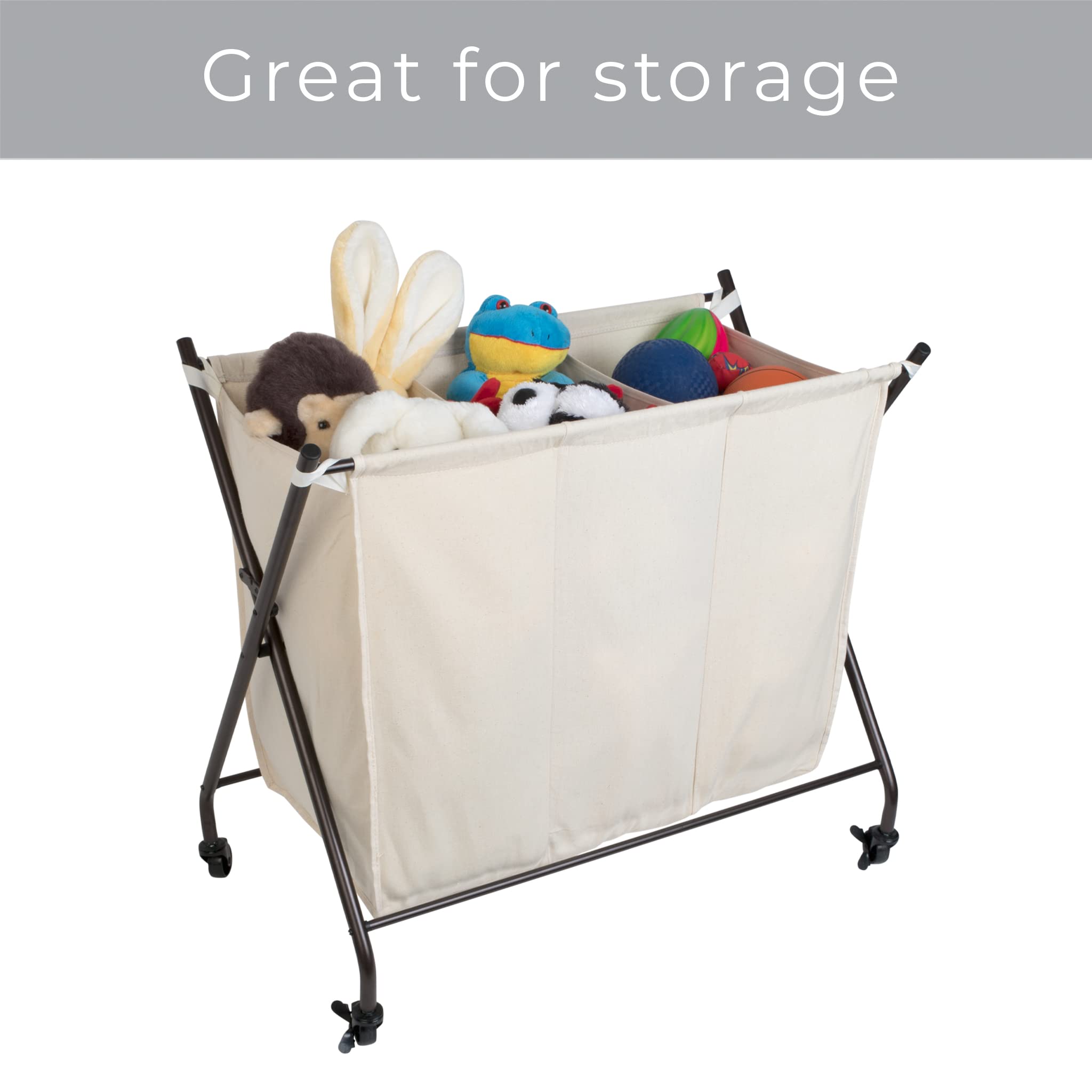 Smart Design Premium 3 Compartment Rolling Canvas Laundry Sorter Hamper with Wheels and Handles - Natural