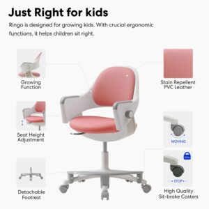 SIDIZ Ringo Kids Desk Chair : Ergonomic Kids Chair with Footrest, 4-Step Growing Function, Adjustable Seat Height, Sit-Locking Casters, Swivel Type Kids Chair (Rosy Pink Chair)