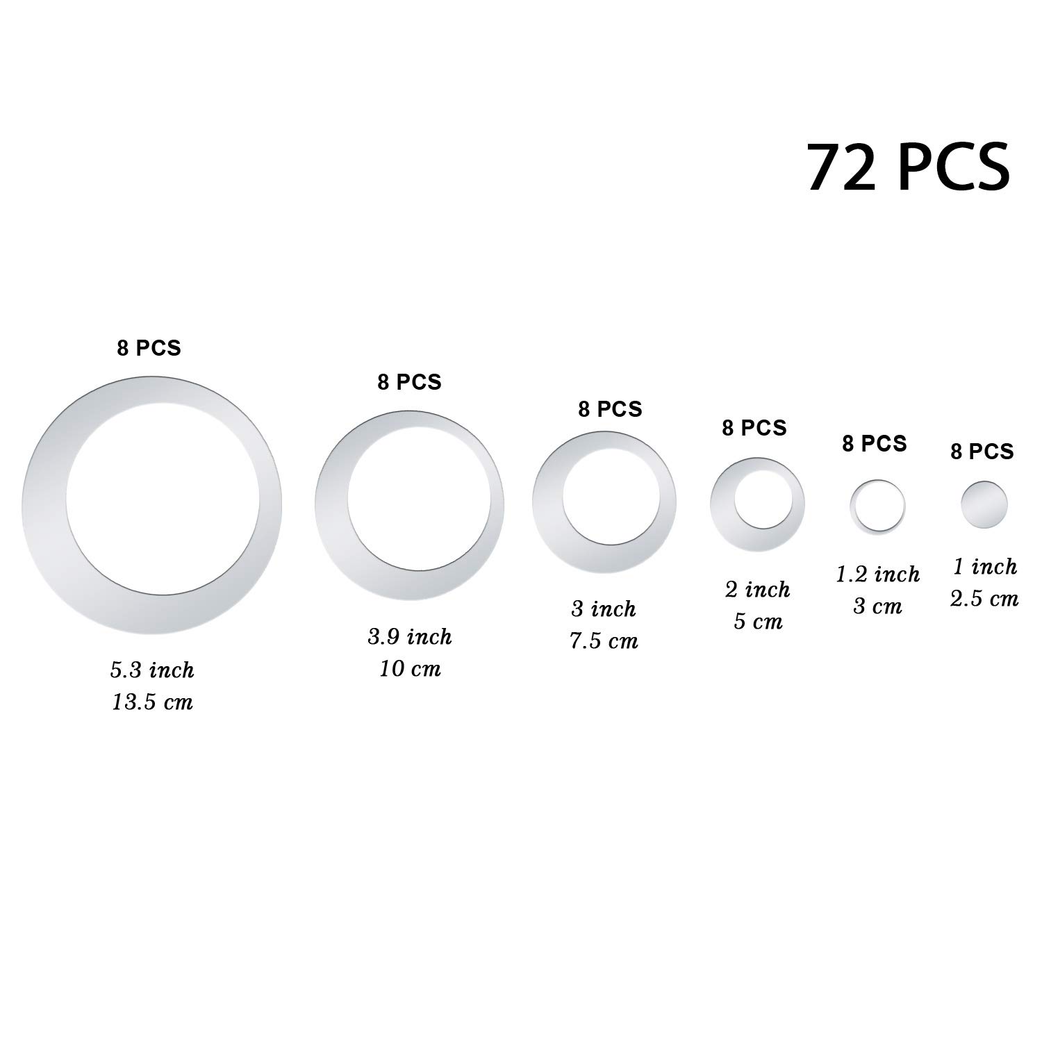 72 Pieces Removable Round Circle Wall Sticker Decal Silver Acrylic Mirror Setting Adhesive Circlle Mirror Stickers for Home Living Room Bedroom Bathroom Office Decor, 5-13.5 cm