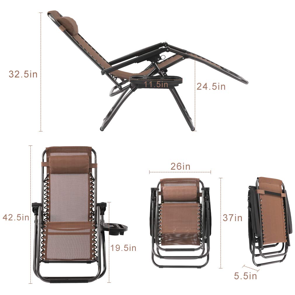 Vnewone Zero Gravity Chair Set of 2 Patio Folding Anti Reclining Lounge Deck Foldable Yard with Pillow and Cup Holder, Brown