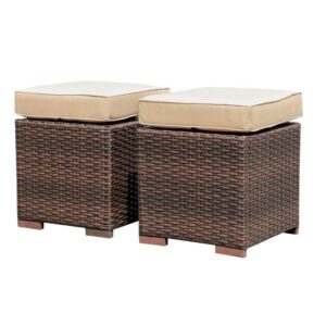 patiorama 2 pieces assembled outdoor patio ottoman, indoor outdoor all-weather dark brown wicker rattan outdoor footstool footrest seat with beige cushions, no assembly required