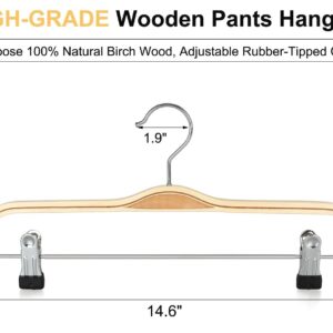 TOPIA HANGER Wooden Pants Hangers,Slim Natural Wood Skirt Hangers with Anti-Rust Hook and Adjustable Metal Clips, Perfect for Skirts, Pants, Slacks-10 Pack-CT17N