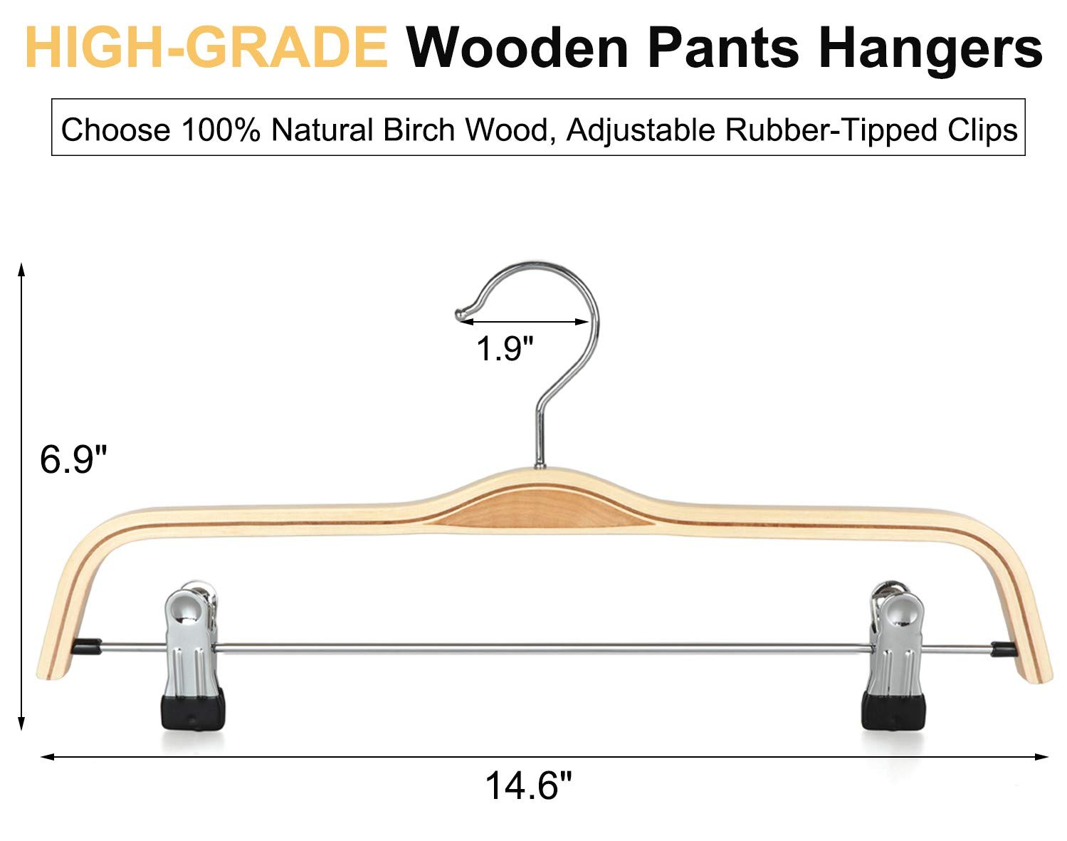 TOPIA HANGER Wooden Pants Hangers,Slim Natural Wood Skirt Hangers with Anti-Rust Hook and Adjustable Metal Clips, Perfect for Skirts, Pants, Slacks-10 Pack-CT17N