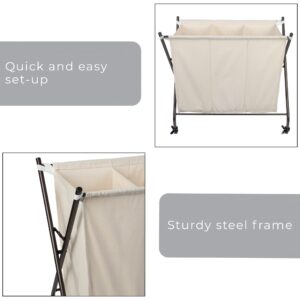 Smart Design Premium 3 Compartment Rolling Canvas Laundry Sorter Hamper with Wheels and Handles - Natural